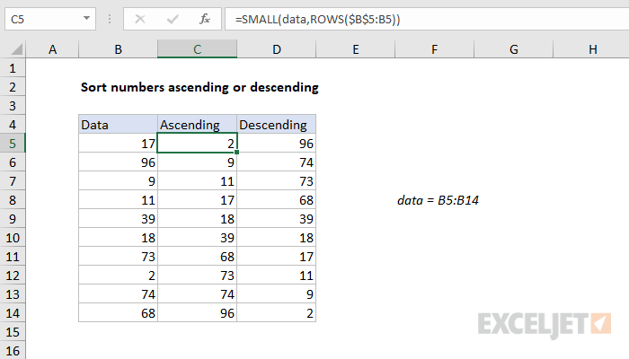 Excel Formula Sort Numbers Ascending Or Descending Exceljet